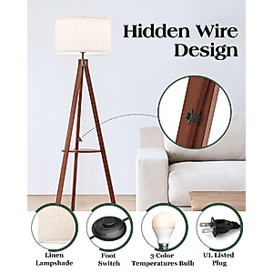 ELYONA Tripod Floor Lamp with Table, Rubber Wood Tall Standing Light, Mid Century Modern Corner Shelf Reading Floor Lamp with Drum Shade for Living Room, Bedroom, Office, LED Bulb Included, Brown