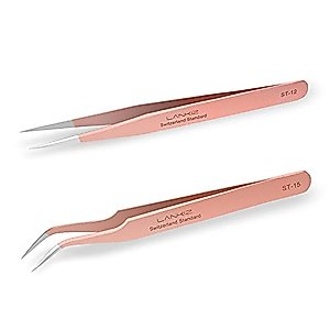 LANKIZ Eyelash Extension Tweezers Stainless Steel Straight and Curved Volume Lash Tweezers Set for Eyelash Extension Professional-Rose Gold