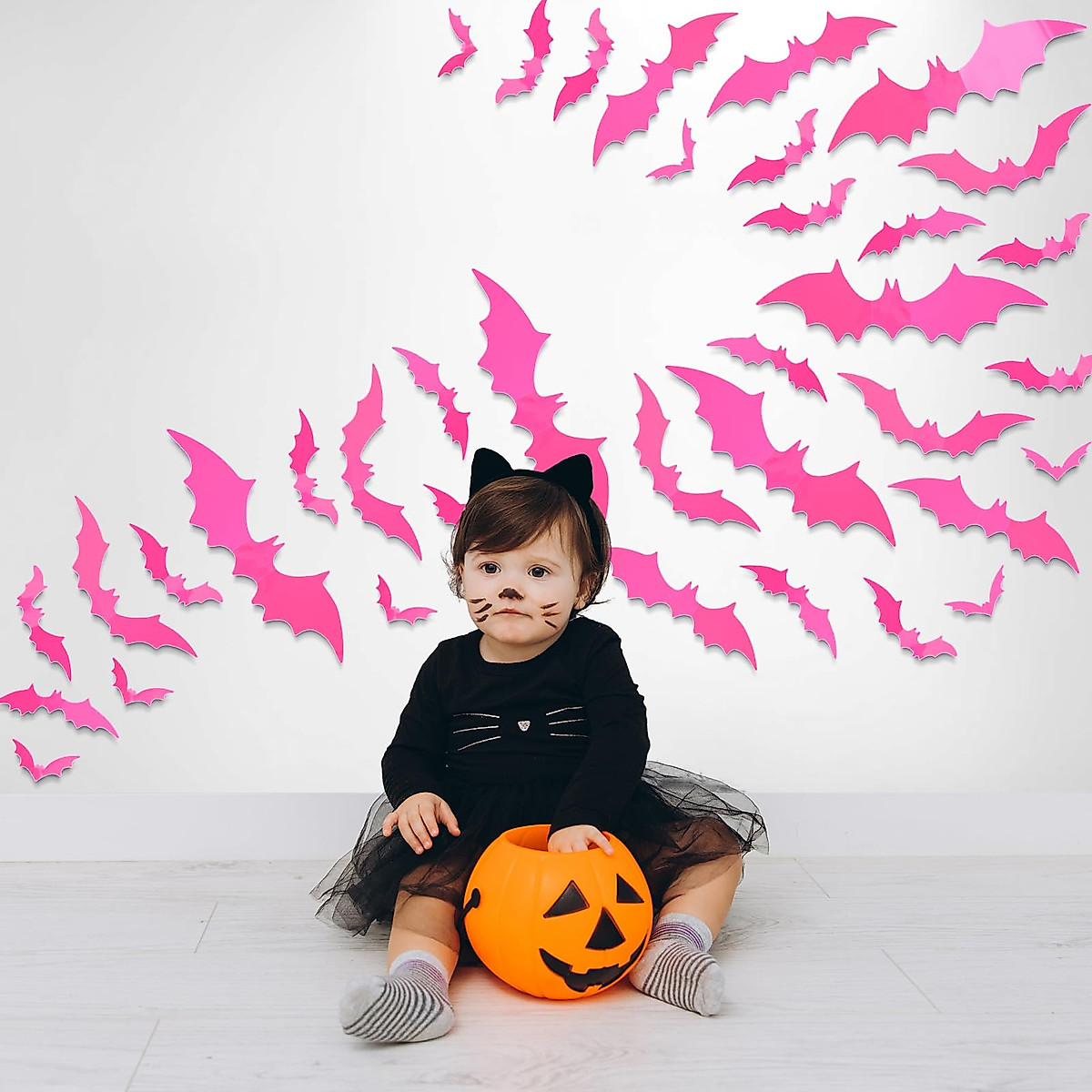 Whaline 72 Pack 3D Bats Stickers Plastic Wall Bat Decals for Home Window Decor Halloween Party Supplies (Black)