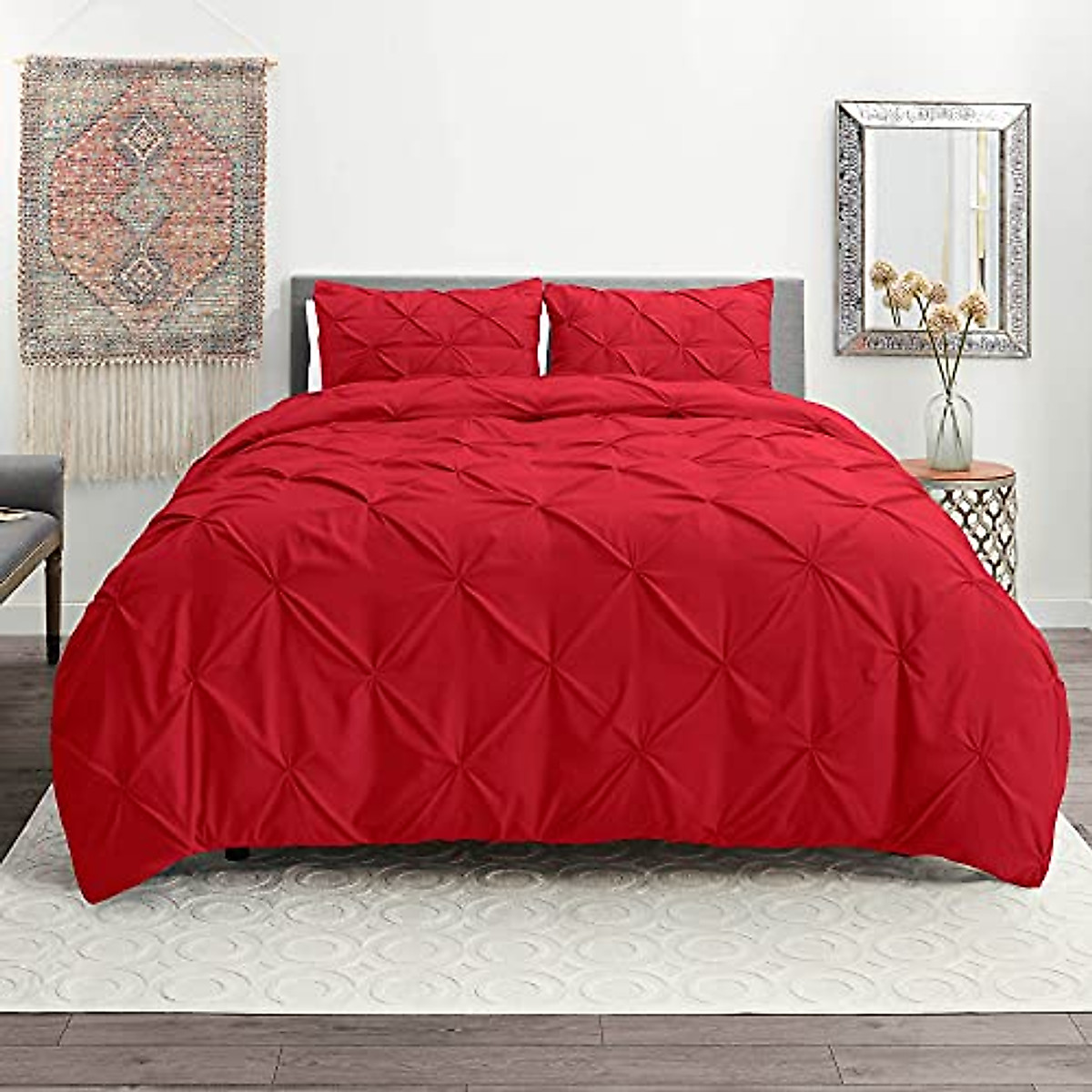 Luxury 3 Piece Pinch Pleated Duvet Cover Set - Ultra Soft, Lightweight, Breathable Microfiber Bedding for Cool, Comfortable Sleep, Pintuck Decorative Comforter Cover, Queen, Cherry Red