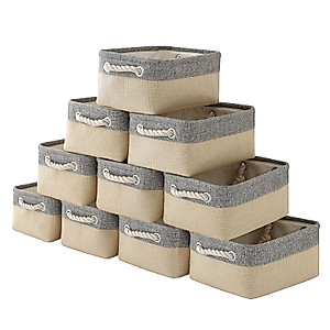 Jtirey Small Storage Baskets [10-Pack] Fabric Storage Bins 12"Lx 8"Wx 5"H Baskets for Shelves, Collapsible Clothes Baskets with Rope Handles for Organizing Dog Toys, Nursery Storage Basket (Grey&Gold)