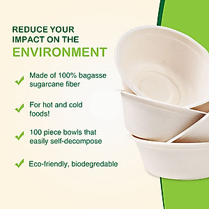 EcoFairy - 100-piece Compostable Bowls 16 oz - Disposable Bowls for Hot Soup - Biodegradable Bowls for Ice Cream, Salad, Cereals, Desserts & Snacks - Sugarcane Bagasse Microwave-safe Paper Bowls