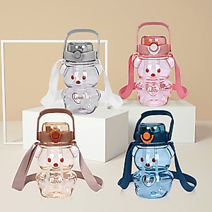 Kawaii Bear Straw Water Bottles Love Large Water Cups Strap for Kids Girls Gifts School Sports Daily Life Milk Tea Juice Travel Drinking Bottled Water Cute Portable Leakproof (Green)