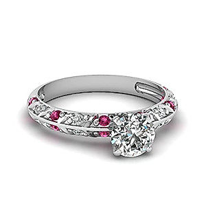 55Carat Pave Knife Edge Ring sterling silver Created Pink Sapphire Round shape Pink color Side Stone Engagement Rings pave Setting in Size 12 Minimal Surprise Gifts for Ladies