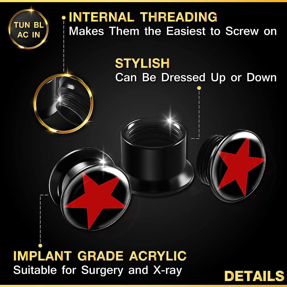 KJM Fashion 2PCS Acrylic Internally Black 1/2 inch 12mm Flesh Red Star Ear Stretcher Gauge Tunnel Plug Lobe Earring Piercing Jewelry 5487