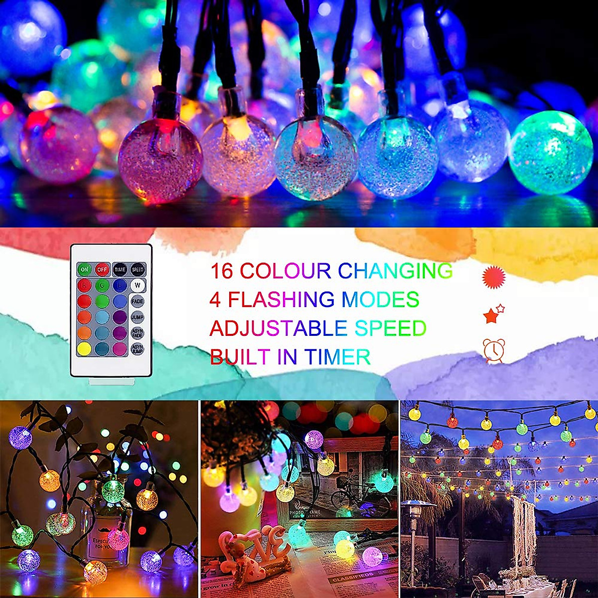 Metaku RGB Globe String Lights Fairy Lights Battery Operated 26ft 60LED String Lights with Remote 16 Colour Changing Garden Lights Waterproof Indoor Outdoor Decorative Lights for Garden Patio Home