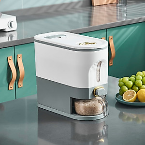 Sooyee 11 Lbs Rice Container, Large Grain Container Storage with Lid Measuring Cylinder Moisture Proof Household Cereal Dispenser Bucket for Kitchen Soybean Corn,White and Grey