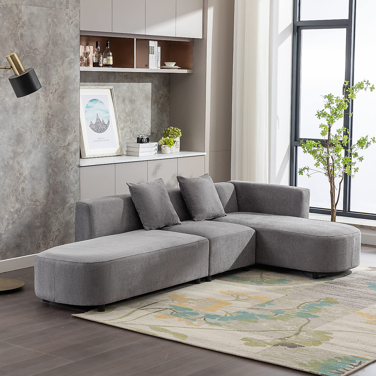 LUSPAZ Luxury L-Shape Upholstery Sectional Sofa Set, Modern Minimalist Style Comfy Curved Couch with Chaise and 2 Pillows,Grey