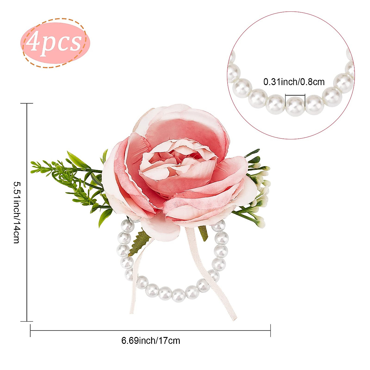 CRASPIRE 4pcs Wedding Wrist Corsage Pink Rose Corsage Wristlet Women Bride Bridesmaid Pearl Hand Flower Wristlet Band Bracelet for Wedding Party Prom Suit Festival Engagement Decorations