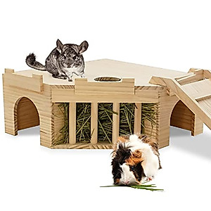 Fhiny Guinea Pig Wooden Castle with Hay Holder, Ventilated Chinchilla Hideout with Feeding Bowl Ladder, Small Animal Multi Chamber Hideaway for Young Guinea Pigs Chinchillas Hedgehogs