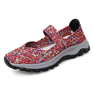 GOSPT Women's Elastic Woven Walking Shoes Mary Jane Flats Slip on Sneakers Multicoloured Red 7.5