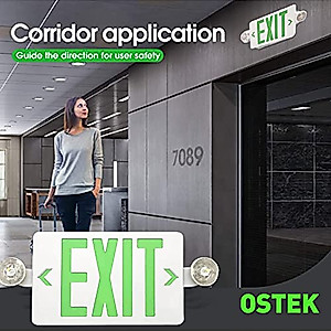 OSTEK Green LED Exit Sign with Emergency Lights, Two LED Adjustable Head Emergency Exit Lights with Battery Backup, Dual LED Lamp ABS Fire Resistance UL-Listed 120-277V (1)