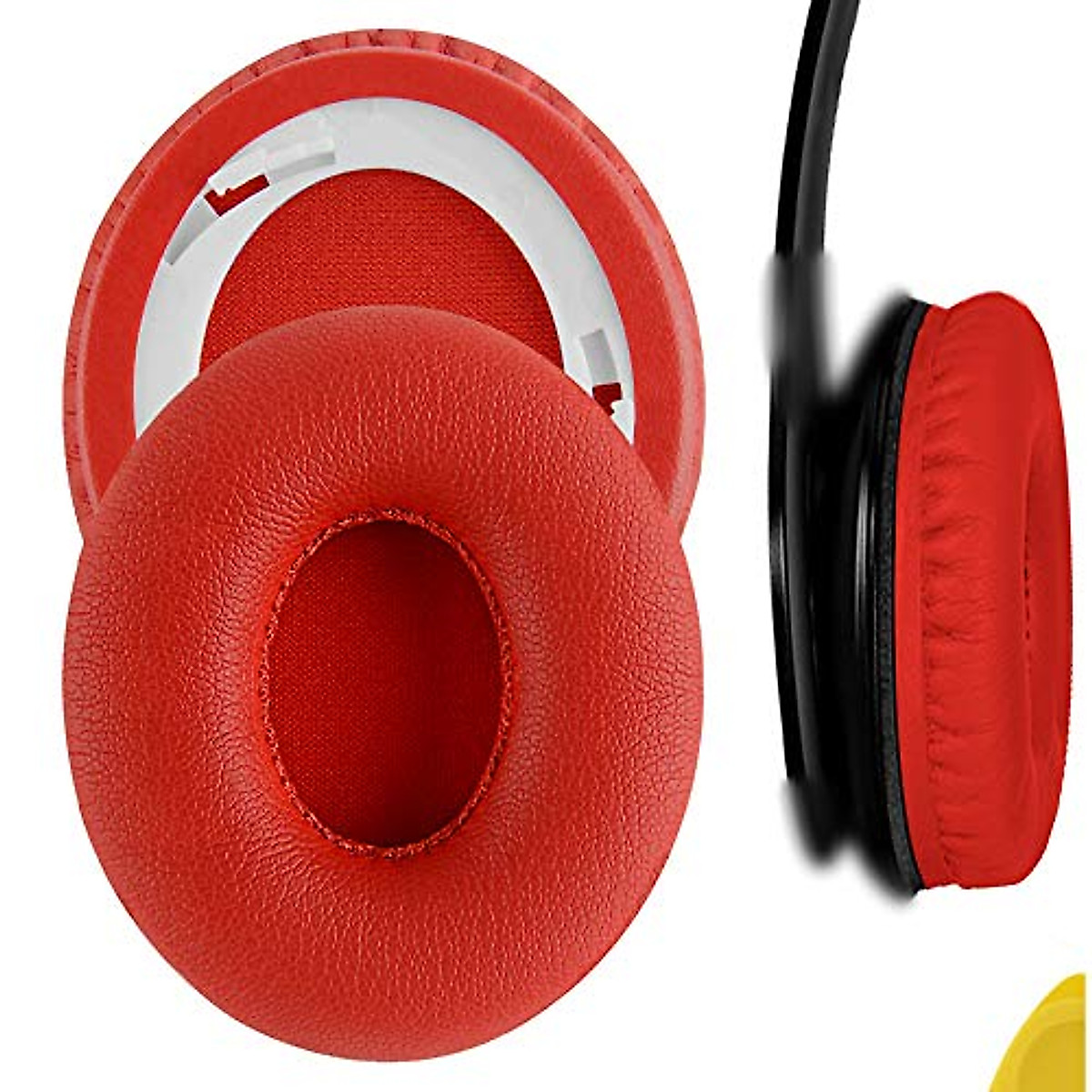 Geekria QuickFit Protein Leather Replacement Ear Pads for Beats SoloHD (810-00012-00) On-Ear Headphones Earpads, Headset Ear Cushion Repair Parts (Red)
