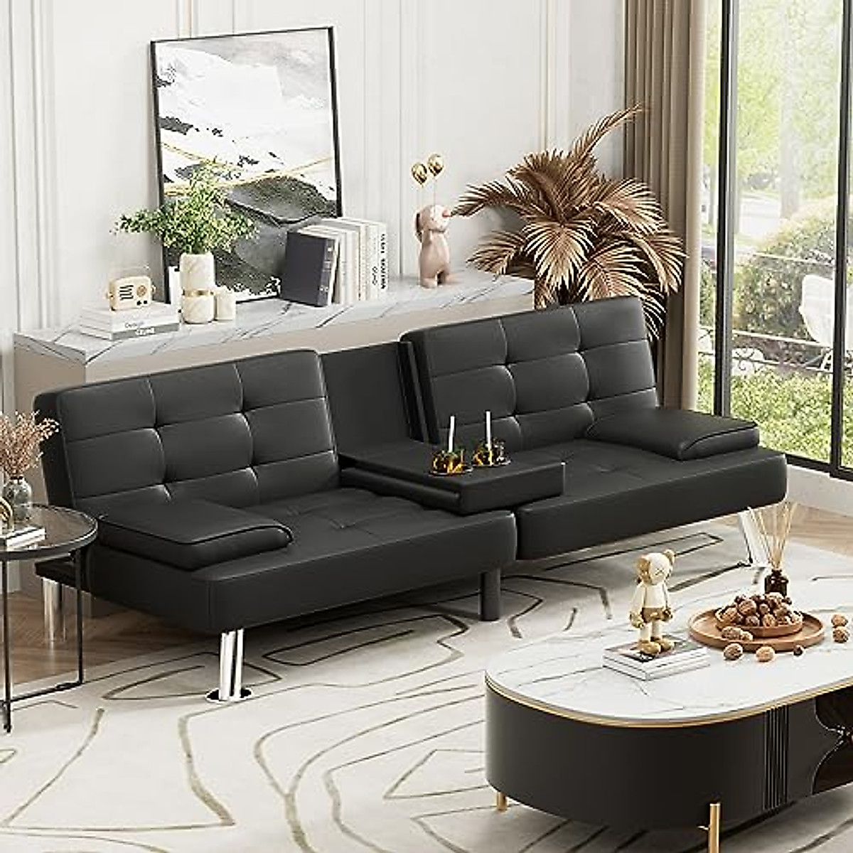 JUMMICO Faux Leather Upholstered Modern Convertible Folding Futon Sofa Bed with Removable Armrests, Adjustable Recliner Couch Bed Loveseat with 2 Cup Holders for Living Room