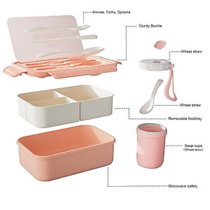 ZMYGOLON Bento Lunch Box for Kids, Lunch Bento Box Container Leak-proof for Kids Adults Teens School, Lunch Containers with 3 Compartments and Cup,Lunch Bag,Spoon,Fork (Pink)