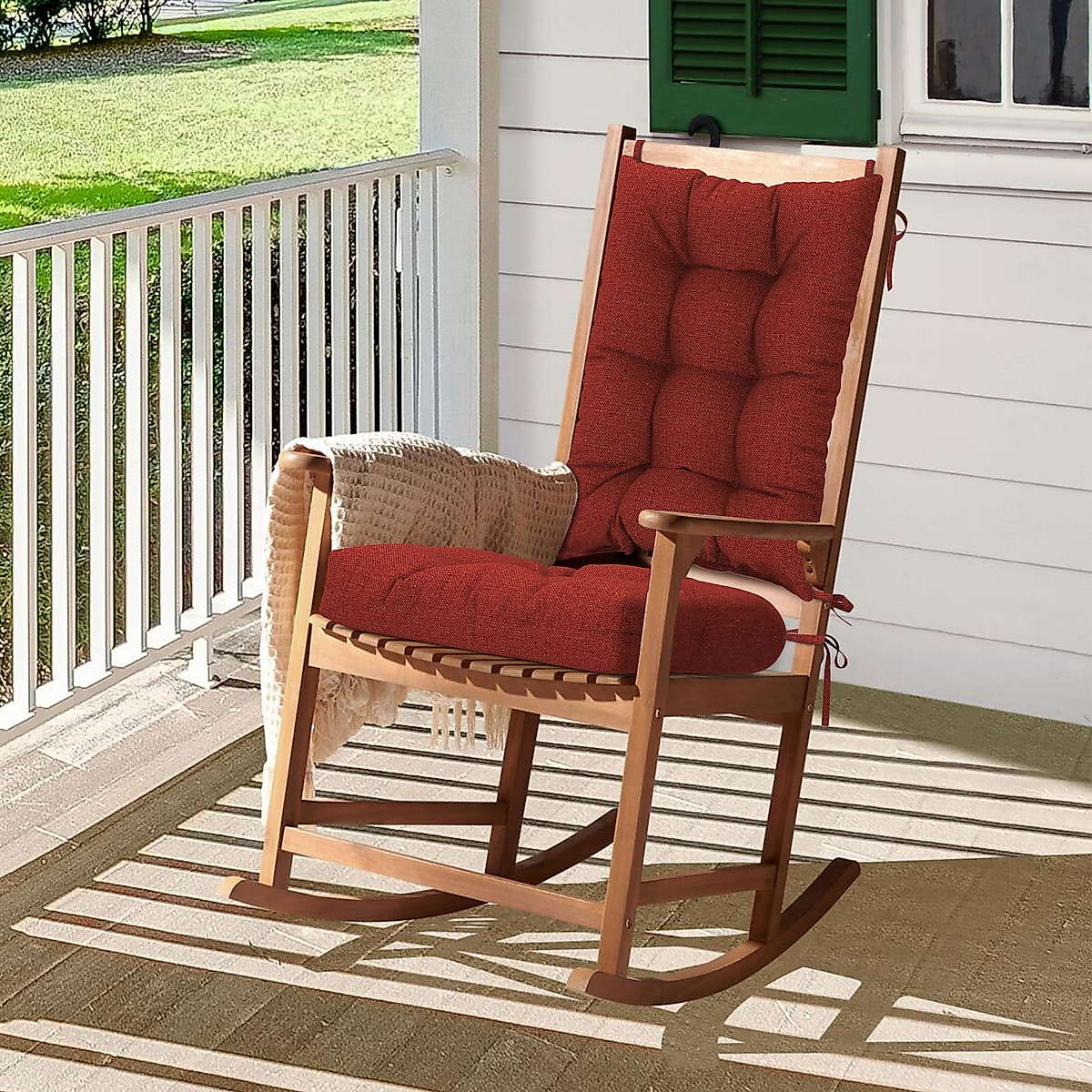 DYTXIII Pack of 2 Rocking Chair Cushion Set with Seat & Back,Water Repellent Patio Tufted High Back Seat Cushions with Ties for Indoor Outdoor Porch Rocker(21"x17"Back,17"x17"seat,Brick Red)