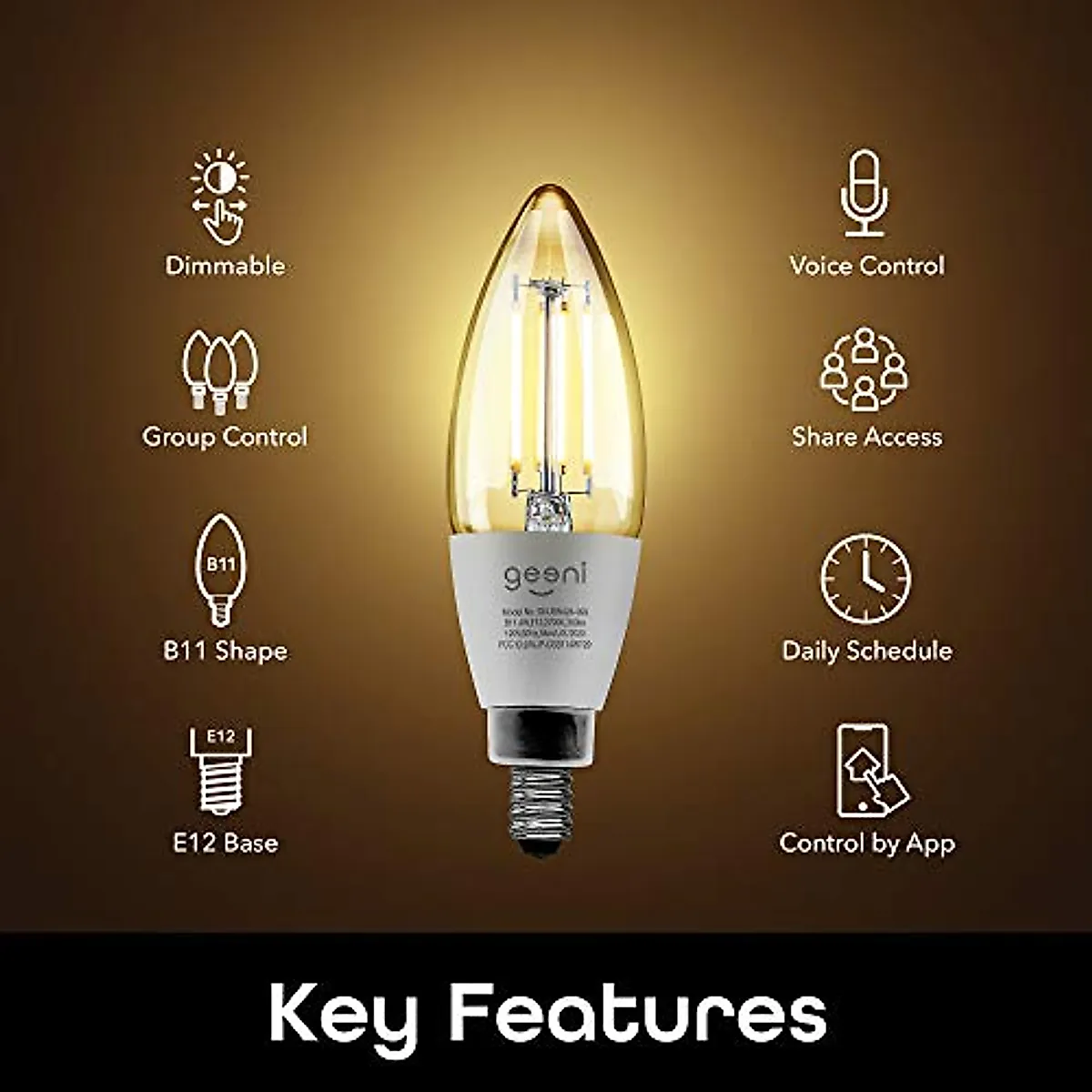 Geeni LUX Edison B11 Filament WiFi LED Smart Bulb, B11 Candelabra, 4W, E12 Base, Dimmable, White Light, Compatible with Amazon Alexa & Google Home - No Hub Required- 4 Pack