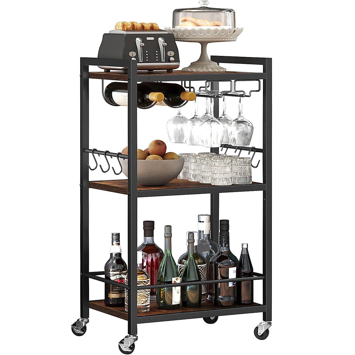 TUTOTAK Bar Cart, Home Bar Serving Cart, Microwave Cart, Drink Cart, Mobile Kitchen Shelf with Wine Rack and Glass Holder, Rolling Beverage Cart for Living Room, Kitchen, Brown BC01BB032