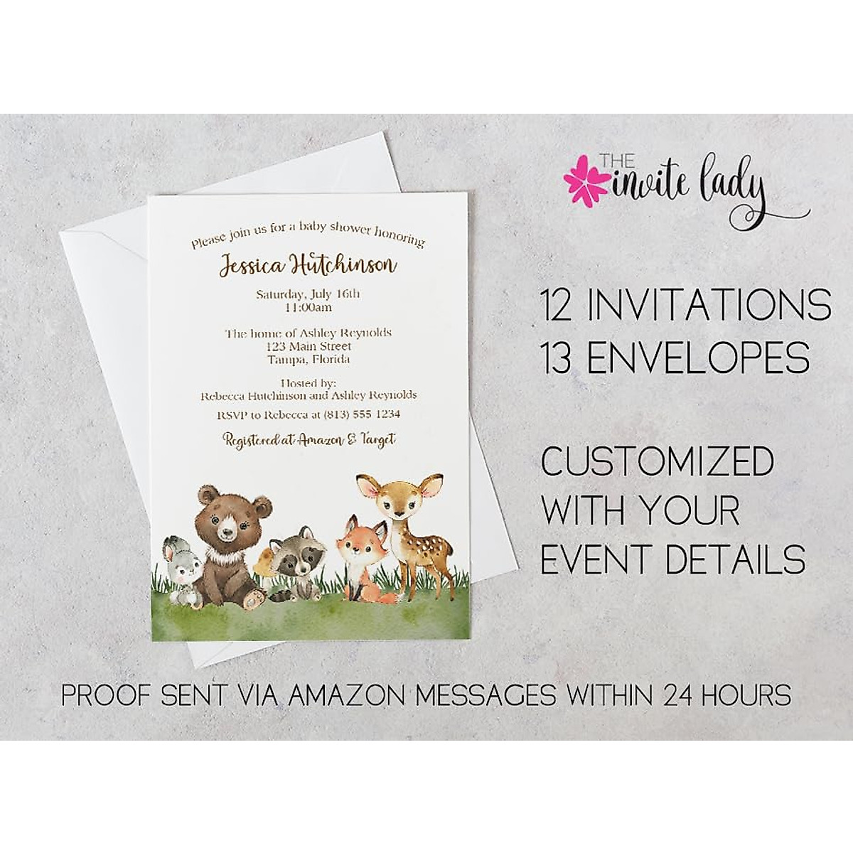 Woodland Friends Baby Shower Invitation Watercolor Forest Friends Available for Girls Boys Gender Neutral Unisex Woods Fox Deer Bear Country Personalized Customized Printed Cards (12 Count)
