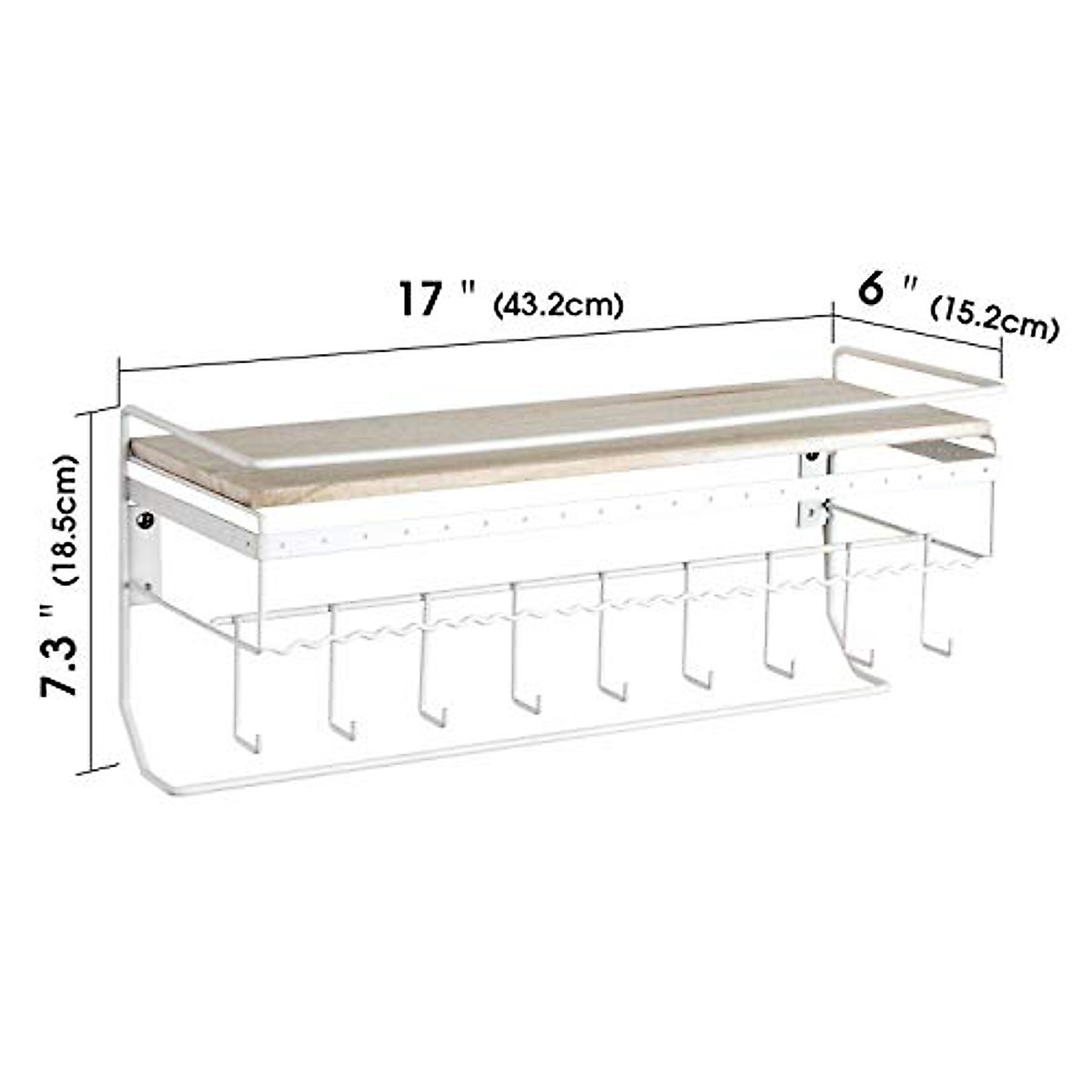 JackCubeDesign Hanging Jewelry Organizer with 9 Hooks, Wall Mount Necklace Earring Bracelet Sunglass Holder with Wood Shelf (White Metal) - MK237D