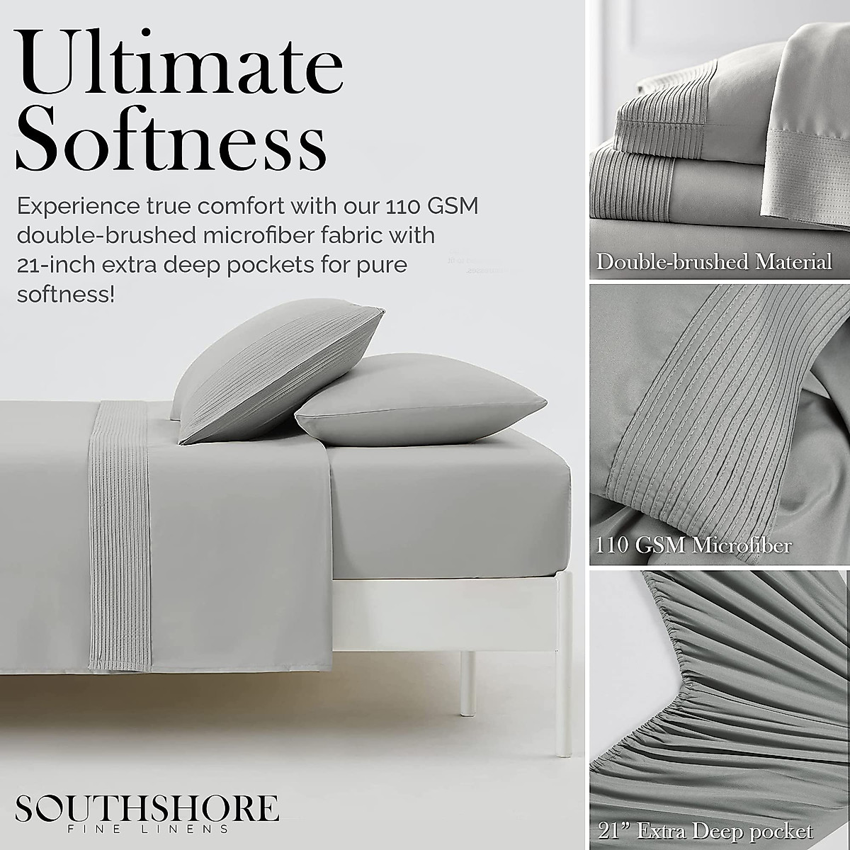SouthShore Fine Living Vilano Pleats, 4-Piece, 21-Inch Extra Deep Pocket Sheet Set, King Sheets with Flat Sheets and Pillowcase, Easy Care and Shrinkage-Free Deep Pocket Sheets, Sheet Set, Steel Grey
