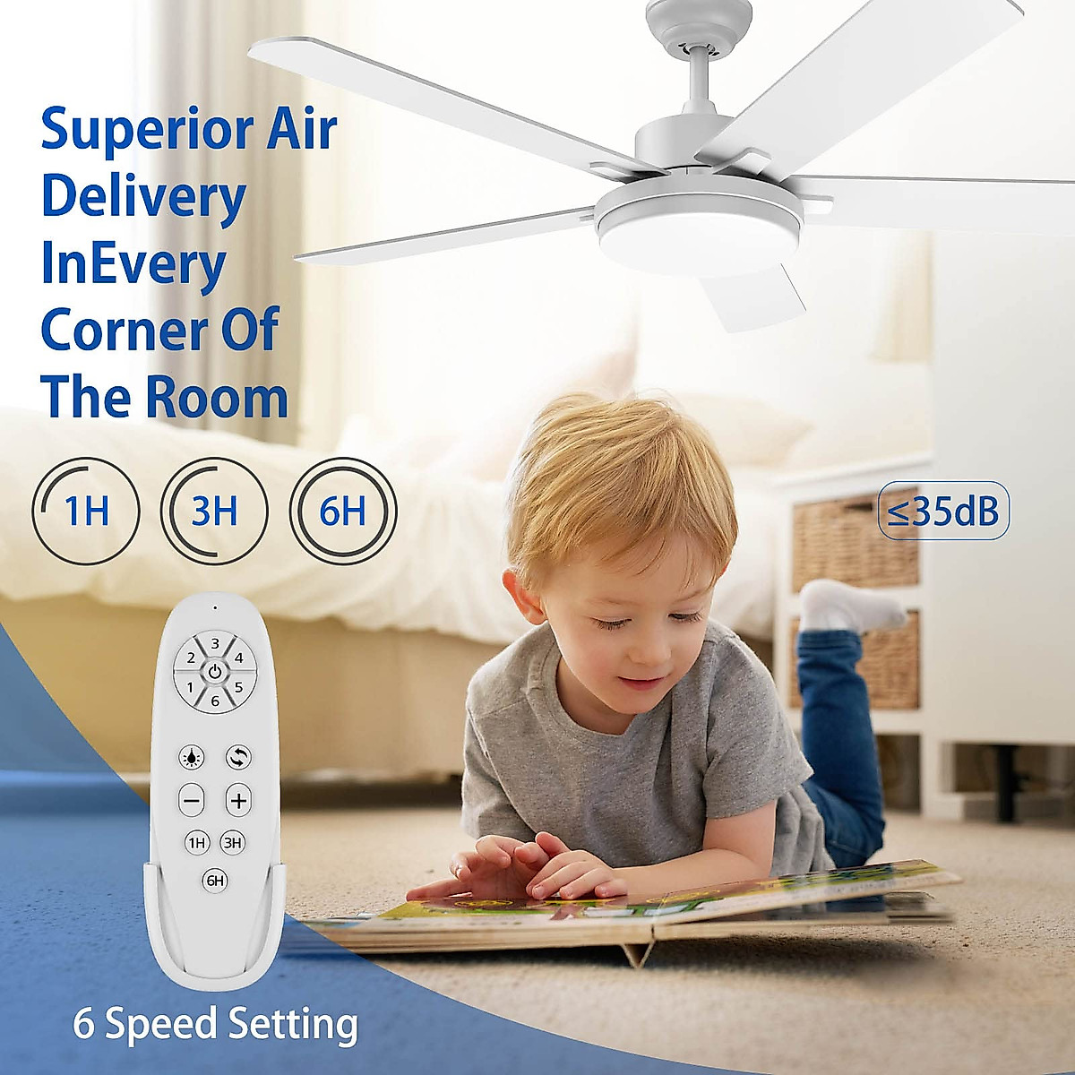 Regair 52 Inch Modern Ceiling Fan with Light and Remote Control, White, Dimmable, Adjustable Color Temperature, Timer, Reversible DC Motors, Easy Installation