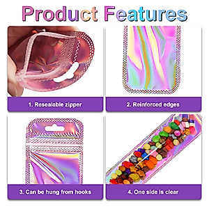 100 PCS Resealable Holographic Bags, Holographic Rose ziplock Packaging Storage Bag for Jewelry, Lip Gloss, sticker, lash, Candy, Snack, 2.56x9.44"