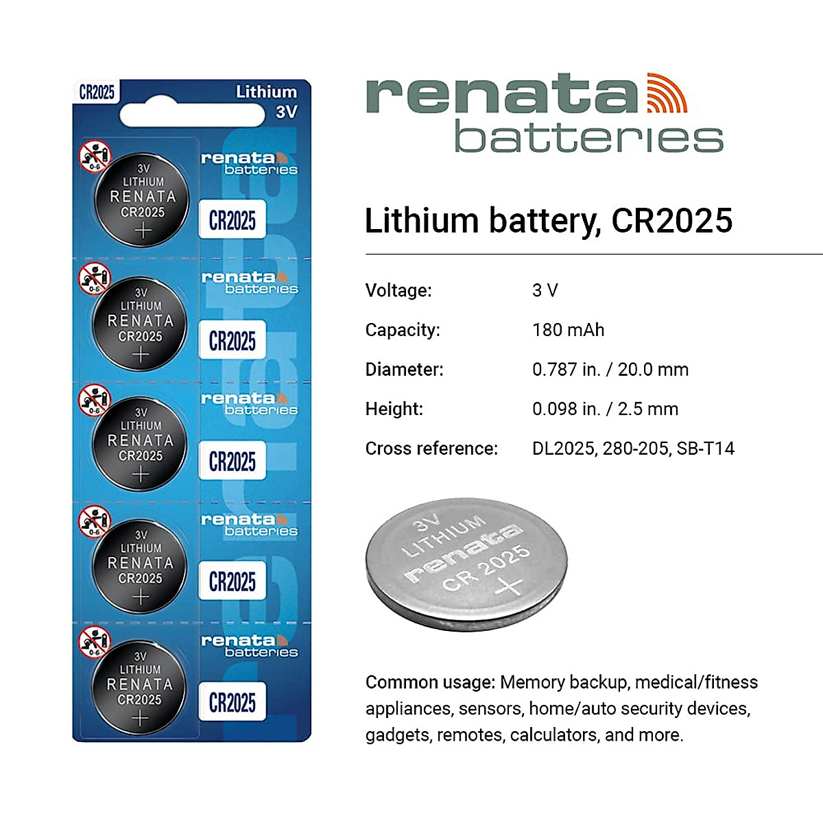 Renata CR2025 Batteries - 3V Lithium Coin Cell 2025 Battery (10 Count)