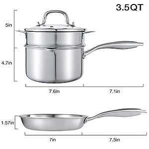 Buttermelt Pots and Pans Set- Tri-ply Full Body Stainless Steel Cookware Set, 3.5QT Saucepan with Steamer Basket & 7 Inch Frying Pan Skillet, Pots and Pans for Boiling Gravies, Pasta, Noodles, Omelet