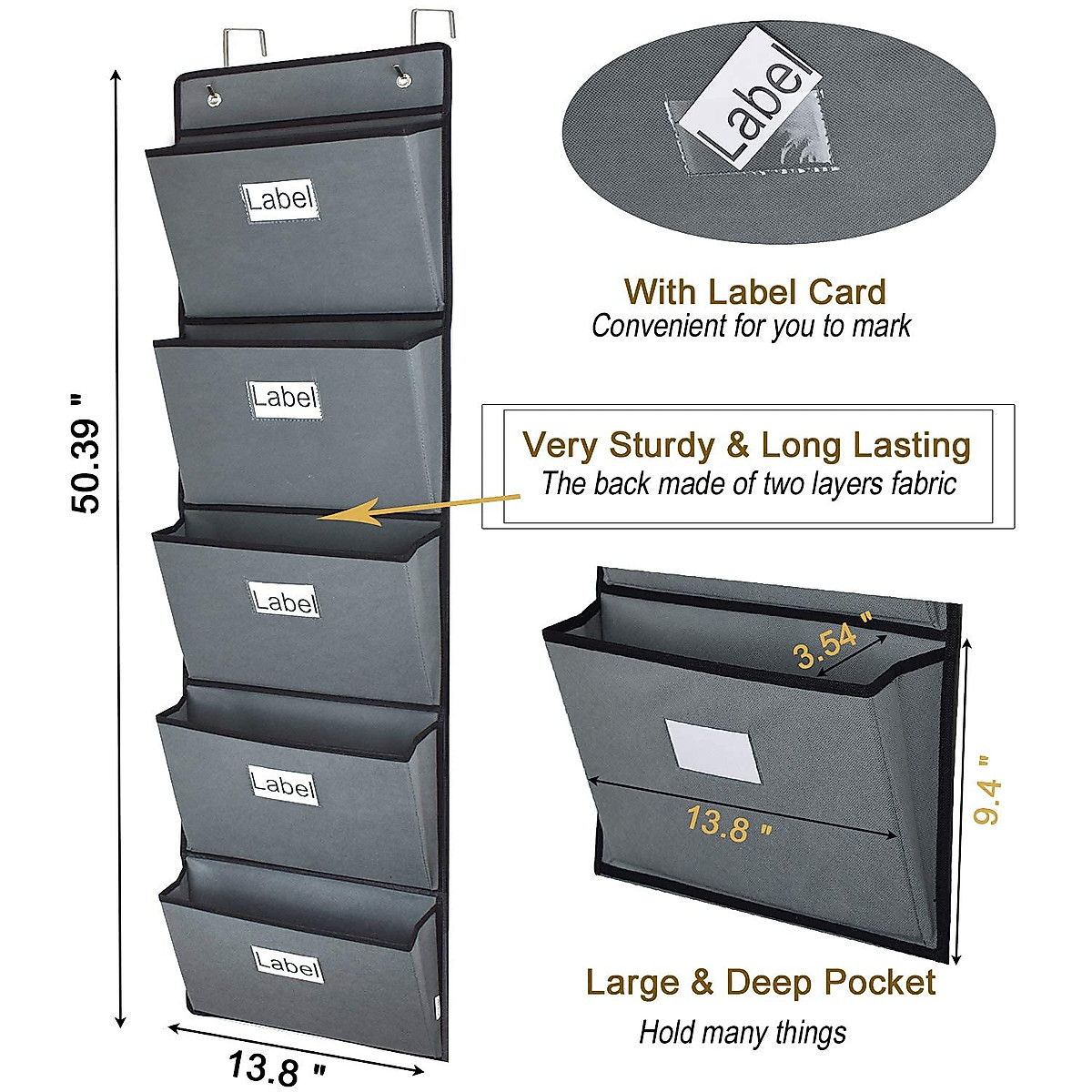 VAKMRVE Over the Door Hanging File Organizer 5 Extra Large Pockets Wall Hanging File Folders Organizer Holders,Home Office Supplies Storage Pocket Chart for Paper Mails Planners Notebooks,Gray