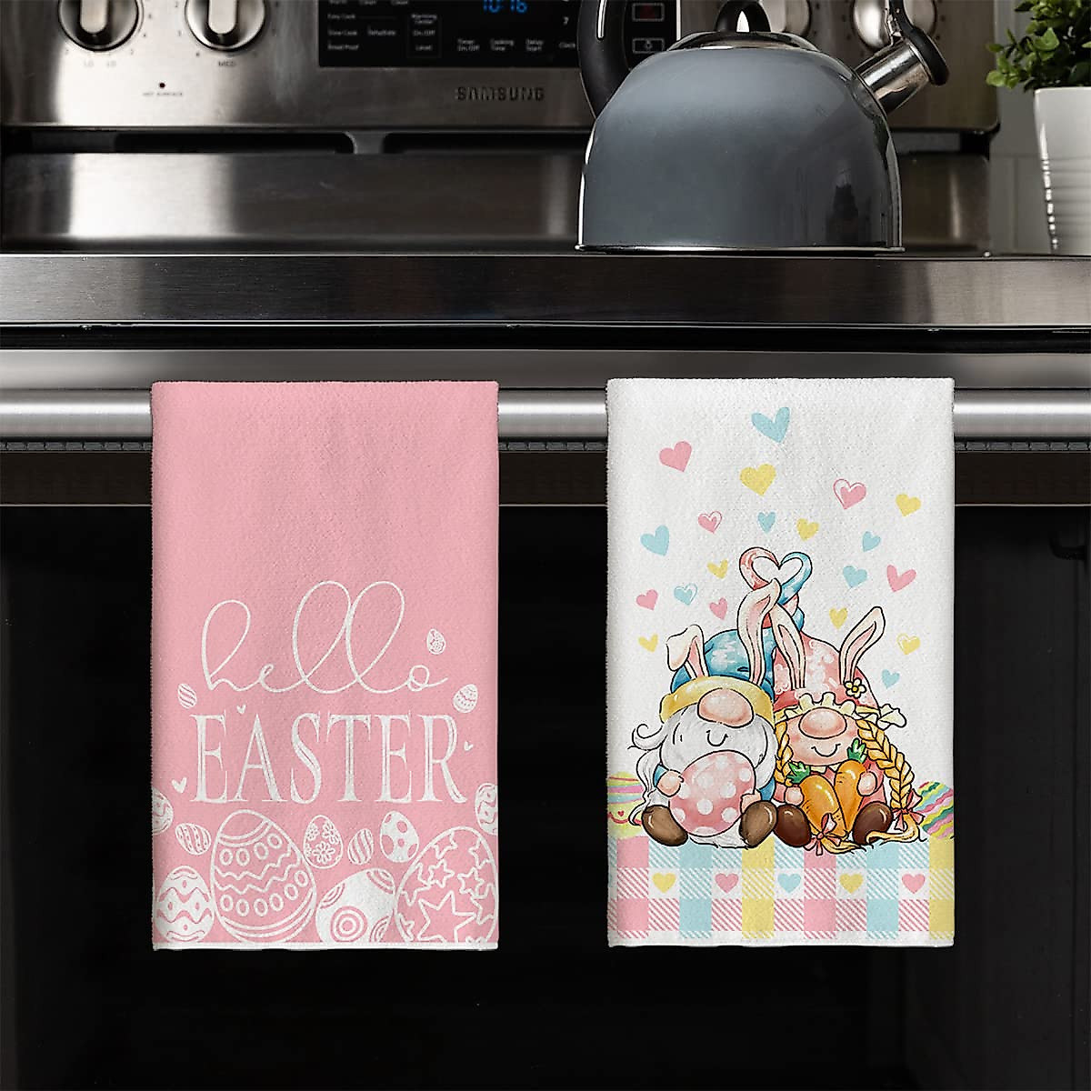 Artoid Mode Gnome Bunny Rabbit Eggs Pink Hello Easter Kitchen Towels Dish Towels, 18x26 Inch Seasonal Spring Decoration Hand Towels Set of 2