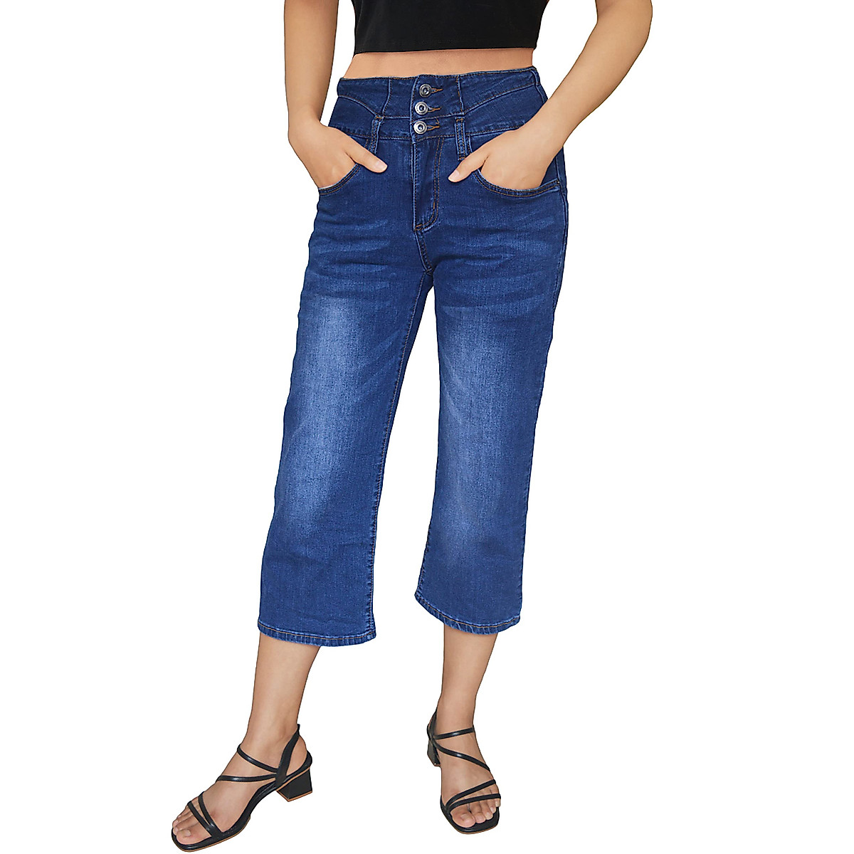 Slarkydog Women's Wid Leg Cropped Jeans High Rise Straight Leg Denim Jean Plain Pattern Loose Pants, Dark Blue, Size 14