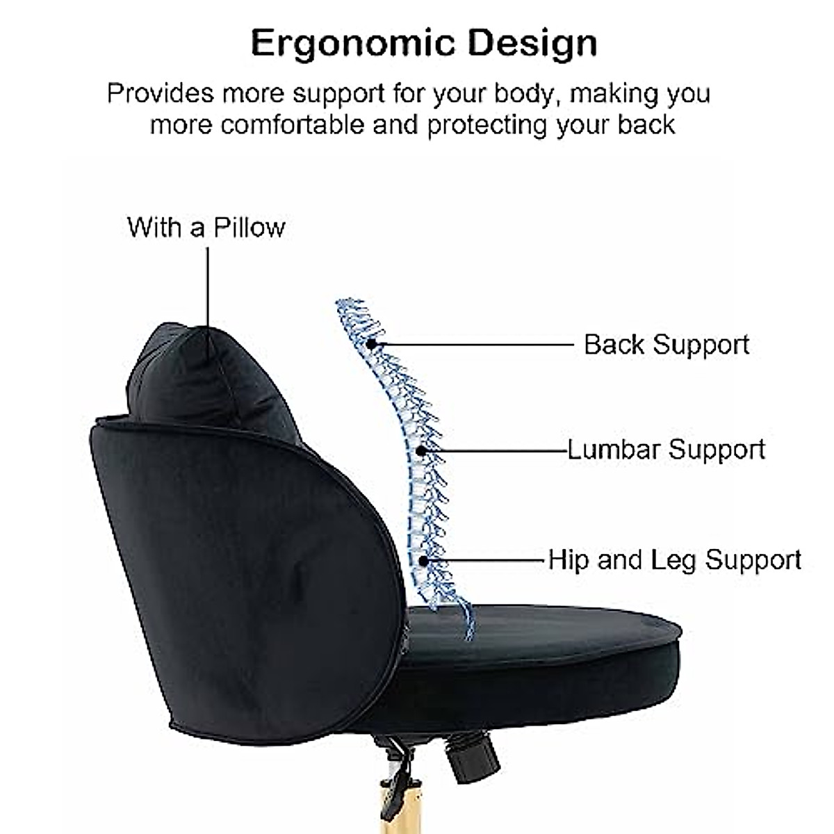 Pvillez Office Desk Chair No Wheels Polyester Fabric Armless Home Office Desk Chair Office Chair Vanity Chair Adjustable Swivel Home Office Computer Chair Task Chair with Pillow and Gold Base (Black)