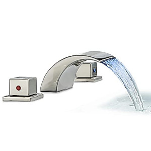 Oulantron Waterfall Widespread Bathroom Sink Faucet Bathroom Basin Sink Faucet LED with Changing 2 Handle 3 Hole Brushed Nickel Cold and Hot Water Mixer Vanity Bathroom Faucet