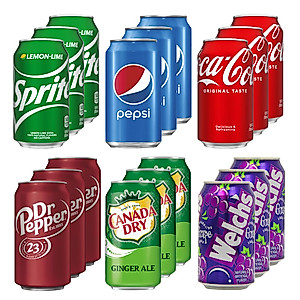 Soda Variety Pack of 18 Assortment of 6 Flavor Variety Soft Drink Cola, Pepsi, Dr. Pepper, Canada Dry, Sprite, Welch, 12 FLoz. cans (18 Pack)