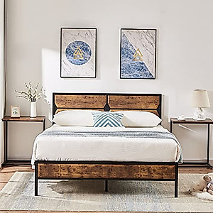 VECELO Queen Bed Frame Heavy Duty Metal Platform with Wooden Headboard Footboard Mattress Foundation 12 Strong Steel Slats Support Under Bed Storage/Easy Assemble