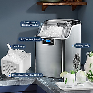 Nugget Countertop Ice Maker with Soft Chewable Pellet Ice, Self Cleaning,44lbs/Day,LED 24H Timer, with Ice Scoop and Ice Basket,Sonic ice for Home & Kitchen Bar Party,Stainless Steel Silver