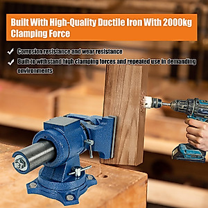 EASYBERG 5" Bench Vise with 5 inch Jaw Width 5 inch Jaw Opening 4 inch Throat Depth Ductile Iron, Multi-Purpose 360 Degree Head and Swivel Base Bench Vice with Anvil and Scale