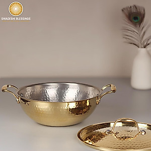 Swadeshi Blessings Exclusive Range Brass Kadai for Cooking with Lid/Teflon-Free/Naturally Non-Stick Brass Utensils with Tin Coating (2 Litres)