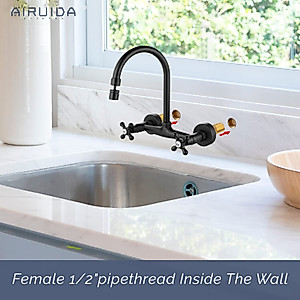 Airuida Wall Mount Kitchen Faucet Matte Black 8 Inch Center Wall Mount Faucet Kitchen with Sprayer Double Cross Handles 360 Degree Swivel Spout Kitchen Mixer Tap Commercial