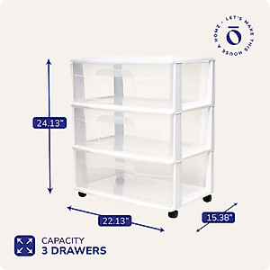 HOMZ Drawer Tower, 3-Tier Wide Clear Plastic Storage Organizer Cart, White Frame