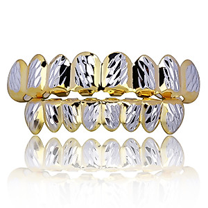 18K Gold Plated Hip Hop Diamond Cut Rugged 8 Teeth TOP and Bottom Grillz Set (Gold&Silver)