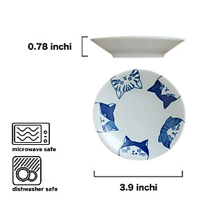 LOVE LOVE JAPAN Japanese Cat Design Ceramic Small Plates - Set of 4 - Great for Sushi, Dips, & Desserts, Cat Quintet
