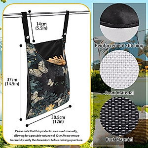 CREAMIC Black Cat Butterfly Handy Laundry Clothespin Bag Holds 100 Medium-Sized Clothes Pins, Waterproof Polyester Material, 2 Ropes for Hanging and Effortlessly Sliding on Clothesline