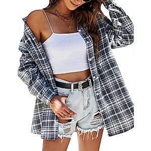 HangNiFang Flannel Plaid Shirts for Women Oversized Button Down Shirts Blouse(0768-Grey-XL)