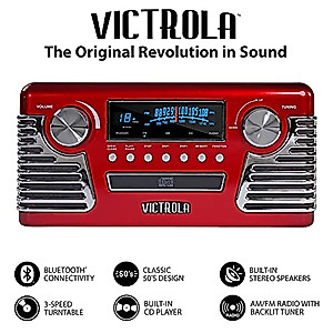 Victrola Nostalgic Wood Countertop Jukebox with Built-in Bluetooth Silver & 50's Retro Bluetooth Record Player & Multimedia Center with Built-in Speakers | Red