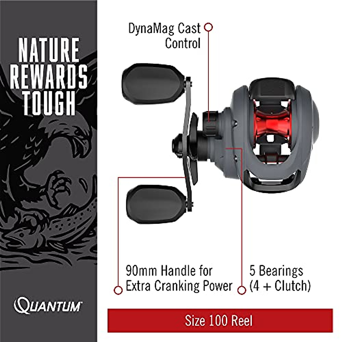 Quantum Invade Baitcast Fishing Reel, Size 100 Reel, Right-Hand Retrieve, Oversized Handle Knobs, Zero-Friction Pinion, Lightweight Graphite Frame, Dark Gray