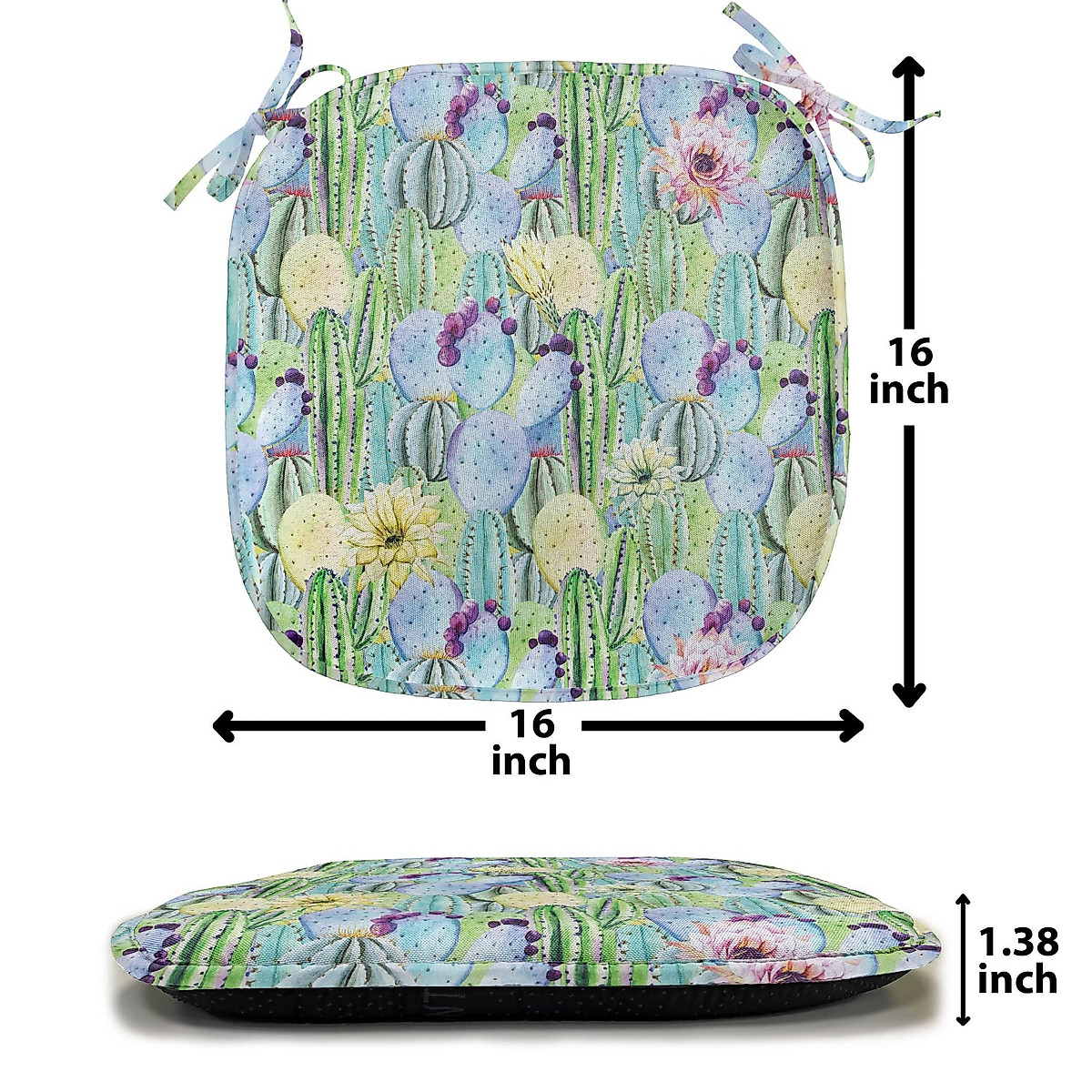 Ambesonne Cactus Chair Seating Cushion Set of 8, Types of Cactus Plant Pattern with Flowers and Buds Fruits Nature Art Image, Anti-Slip Seat Padding for Kitchen & Patio, 16"x16", Green and Blue