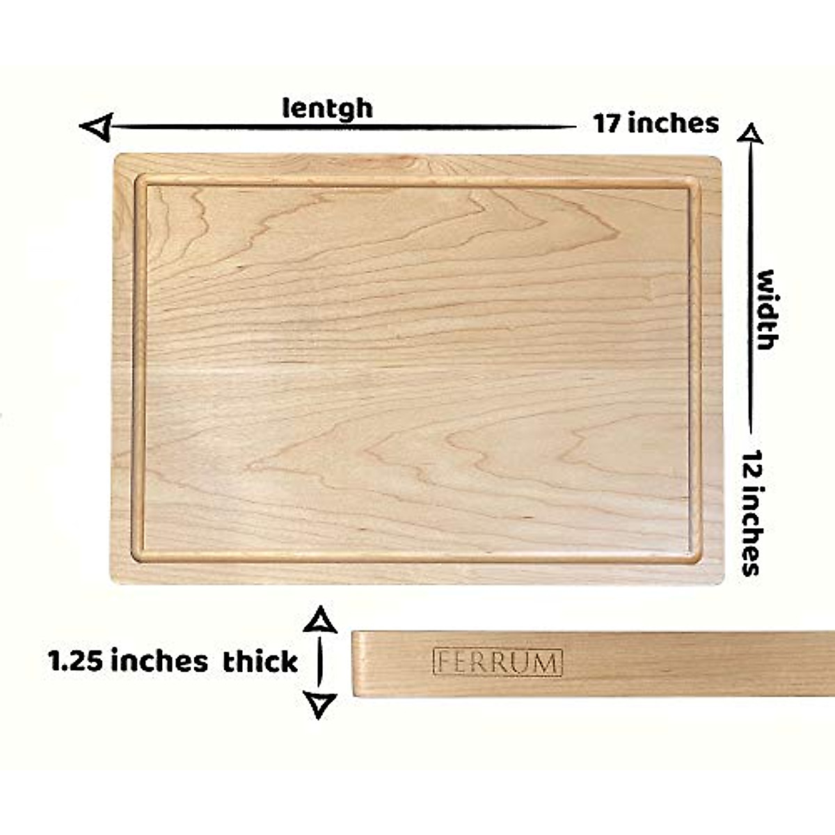 Wood Cutting Board Hard Maple 17x12x1.25 Inches Reversible with Handles and Juice Groove, Extra Thick Butcher Block Chopping Board Handmade By Ferrum.