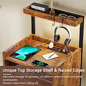 AOGLLATI Nightstand with Charging Station, Nightstand with Drawer and USB Ports, LED Night Stand for Bedroom, Bedside Table with Shelf, End Side Table Easy Assembly Edge Protection